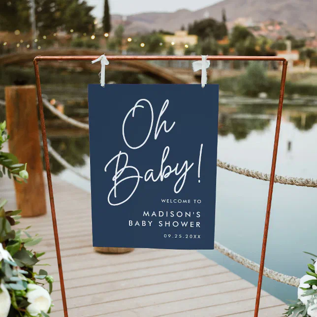 Oh Baby Script Navy Baby Shower Welcome Sign | Zazzle