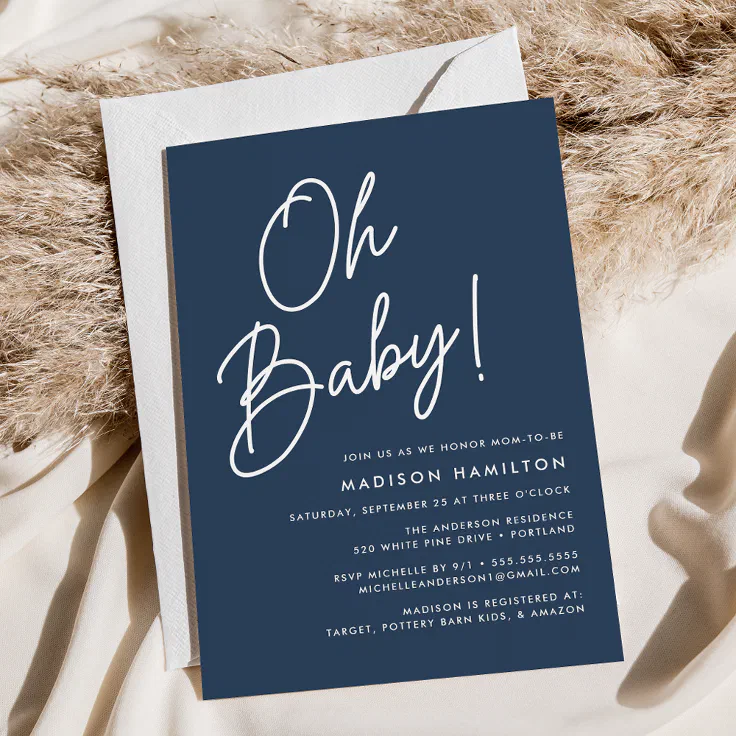 Oh Baby Script Navy Minimalist Baby Shower Invitation | Zazzle