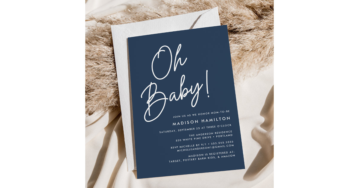 Oh Baby Script Navy Minimalist Baby Shower Invitation | Zazzle