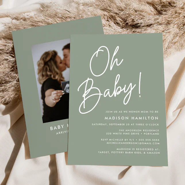 Oh Baby Script Sage Green Photo Baby Shower Invitation | Zazzle