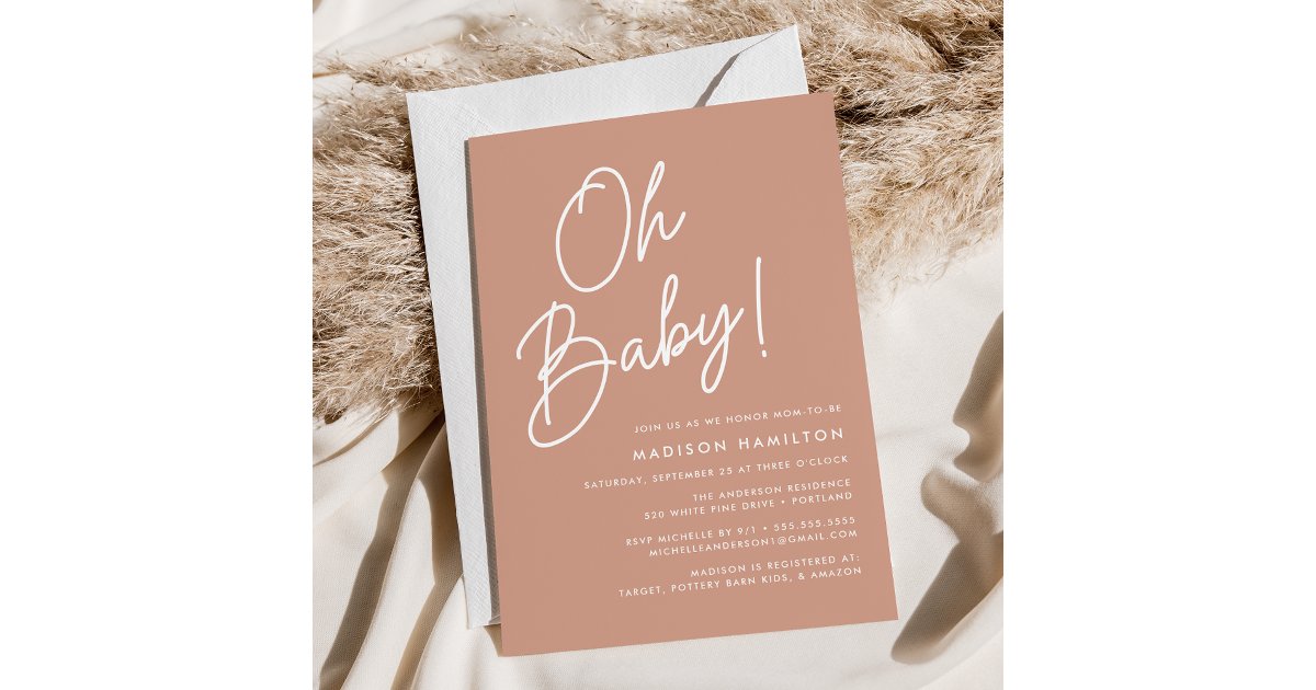 Oh Baby Script Terracotta Minimalist Baby Shower Invitation | Zazzle