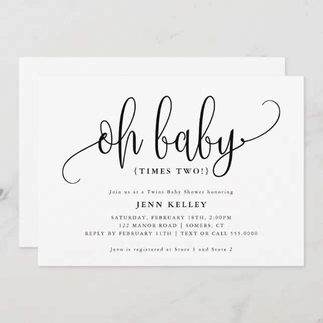 Oh Baby Times Two, Twins Calligraphy Baby Shower Invitation | Zazzle