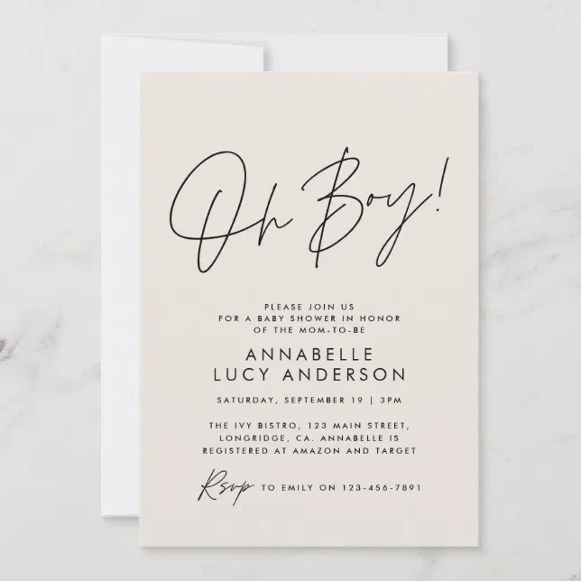 oh Boy baby shower script baby cream elegant Invitation | Zazzle