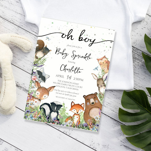 Oh Boy Baby Sprinkle Woodland Animal Creatures Invitation | Zazzle