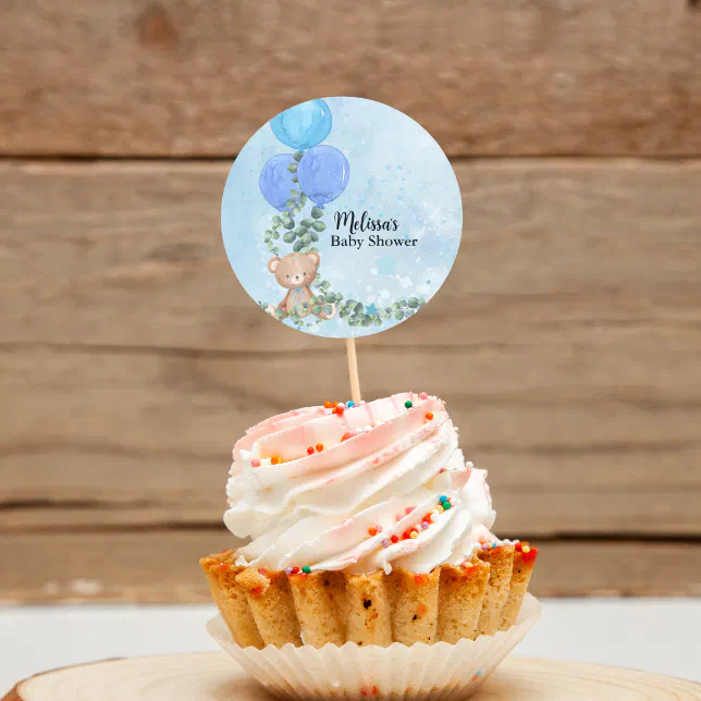 Oh Boy Blue Balloon Eucalyptus Cupcake Topper Classic Round Sticker ...
