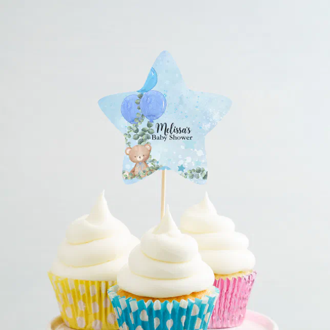 Oh Boy Blue Balloon Eucalyptus Cupcake Topper Star Sticker | Zazzle