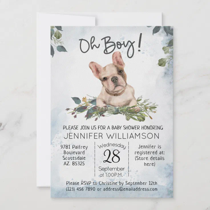 Oh Boy! French Bulldog Puppy Baby Shower Invitation | Zazzle