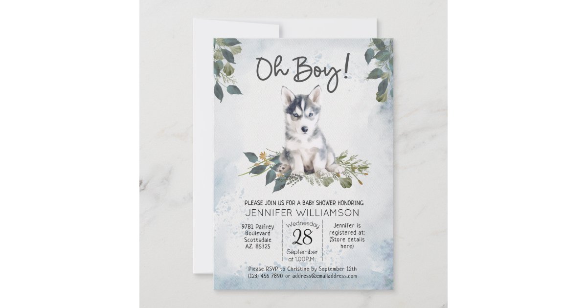 Oh Boy! Husky Puppy Watercolor Baby Shower Invita Invitation | Zazzle