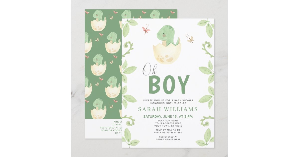 Oh Boy QR Code Cute Green Dinosaur Baby Shower Invitation | Zazzle