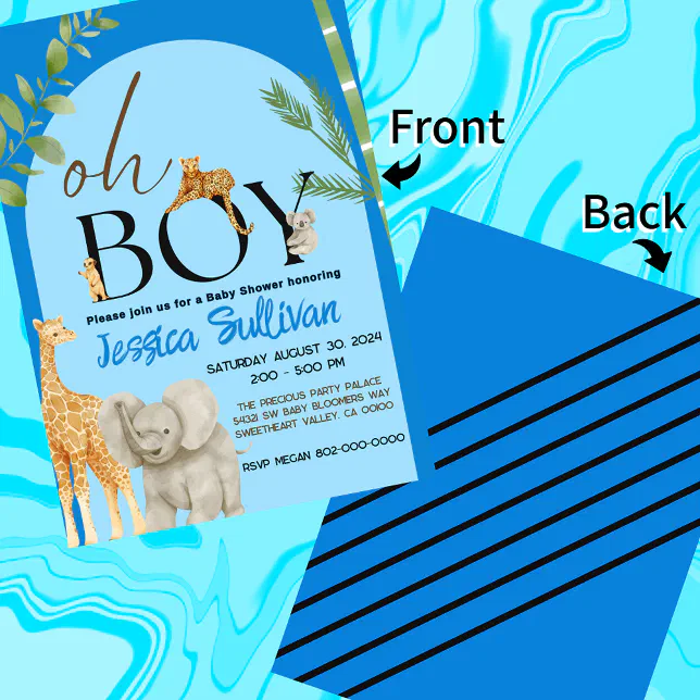 Oh Boy Safari Animal Shades of Blue Baby Shower Invitation | Zazzle