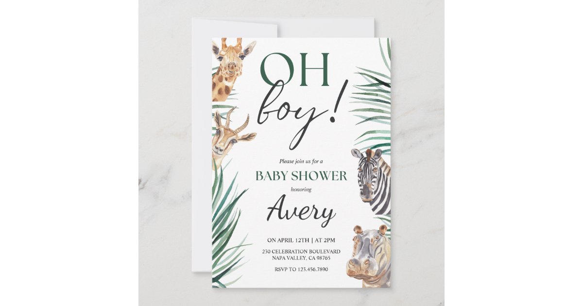 Oh Boy Safari Animals Baby Shower Invitation | Zazzle