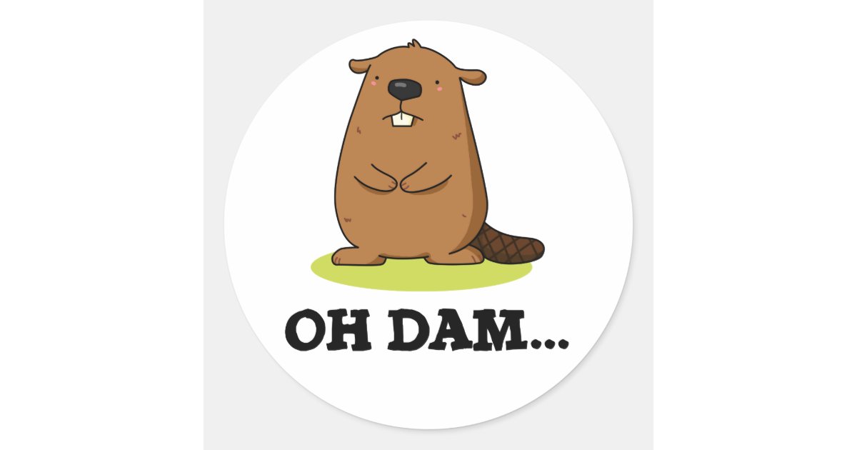 Oh Dam Funny Beaver Pun Classic Round Sticker | Zazzle