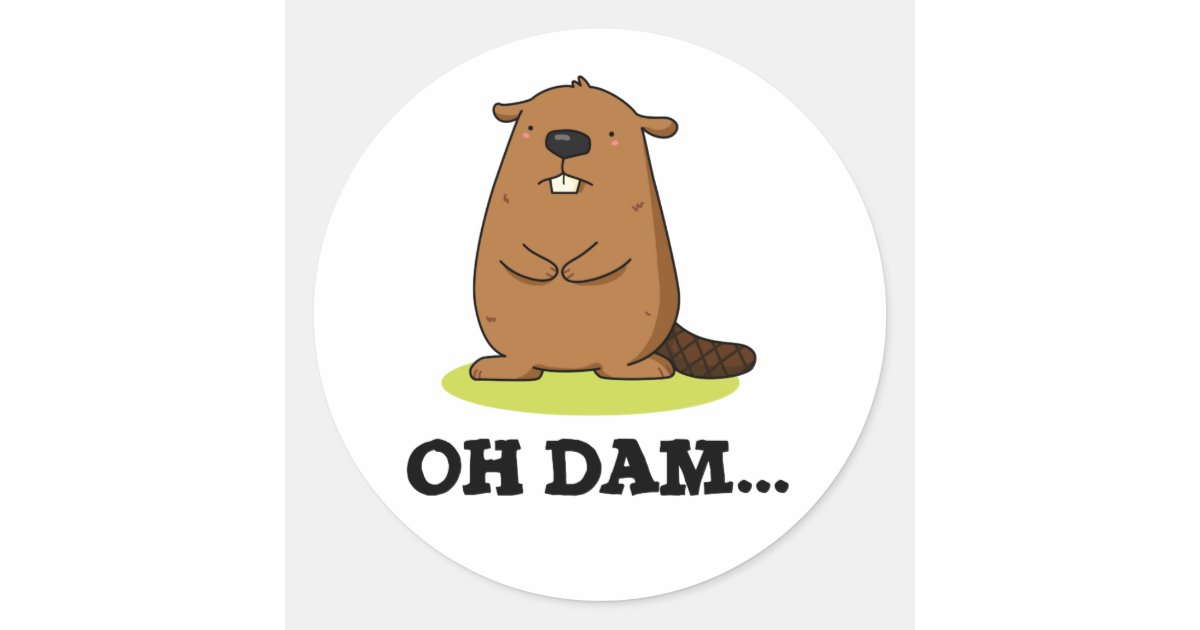 Oh Dam Funny Beaver Pun Classic Round Sticker | Zazzle