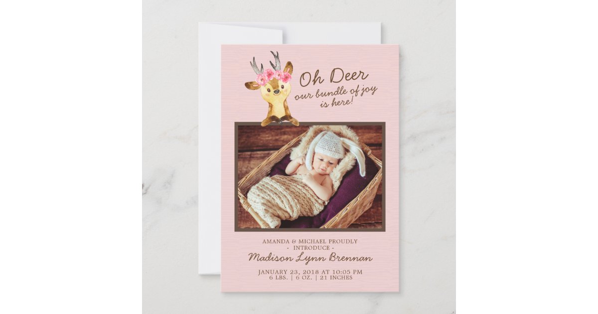 Oh Deer Baby Girls Photo Birth Announcement | Zazzle