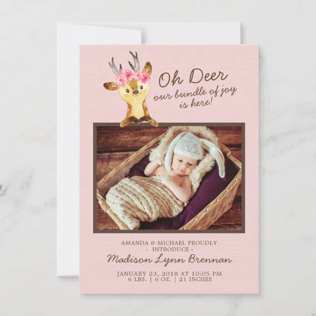 Oh Deer Baby Girls Photo Birth Announcement | Zazzle