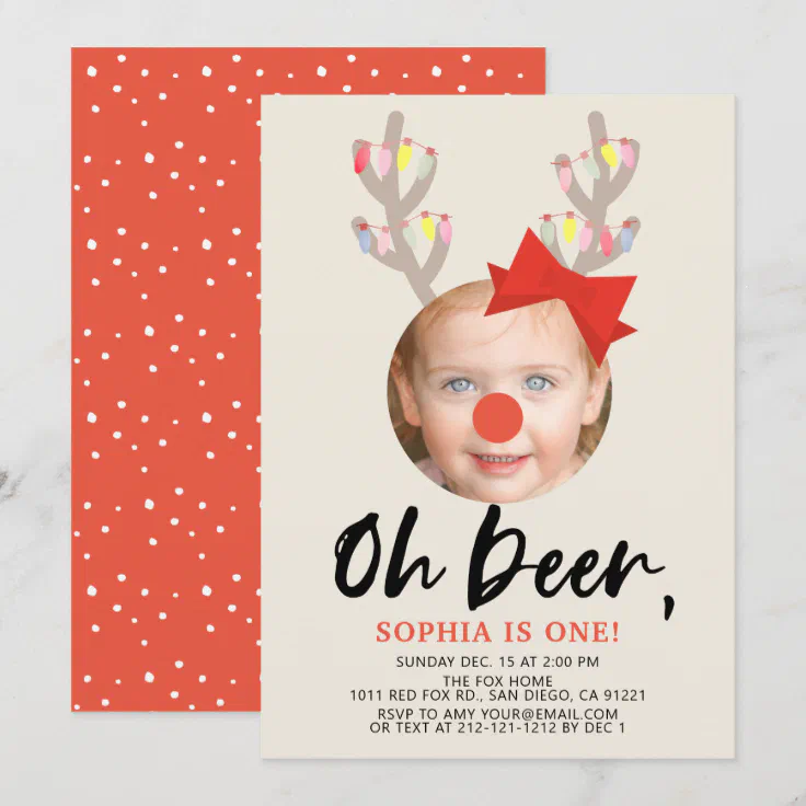Oh Deer Beige & Red Holiday Photo 1st Birthday Inv Invitation | Zazzle
