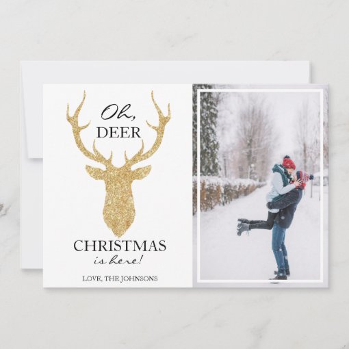 Oh Deer Christmas is Here Faux Gold Glitter Deer Holiday Card | Zazzle