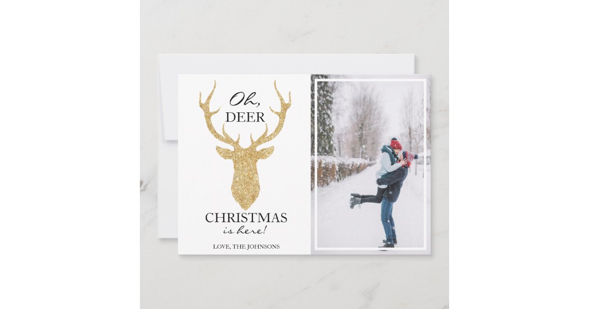 Oh Deer Christmas is Here Faux Gold Glitter Deer Holiday Card | Zazzle