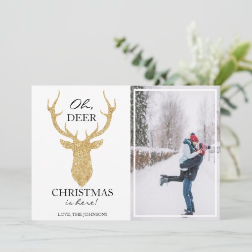 Oh Deer Christmas is Here Faux Gold Glitter Deer Holiday Card | Zazzle