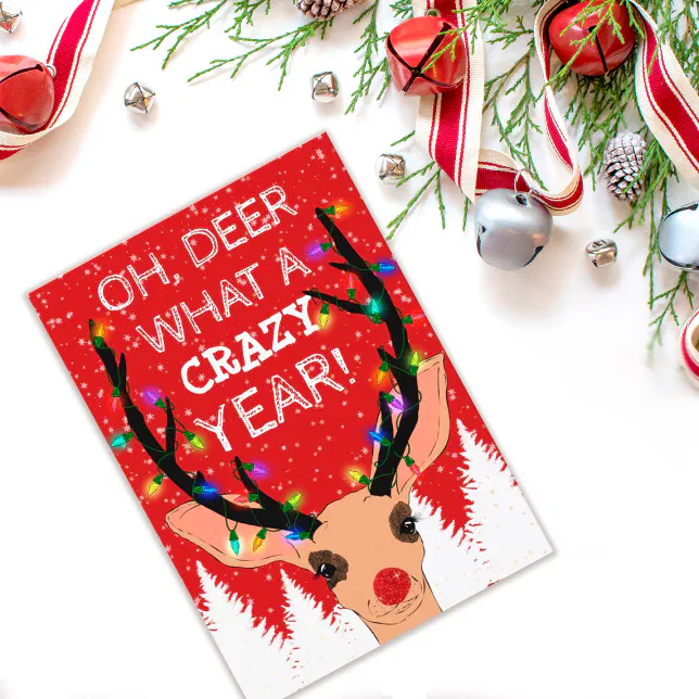 Oh Deer Crazy Year Reindeer Lights Christmas Holiday Card | Zazzle