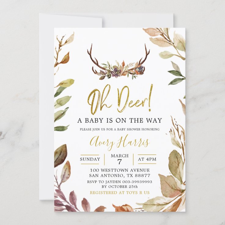 Oh Deer Fall Leaves Boy Baby Shower Invitation | Zazzle