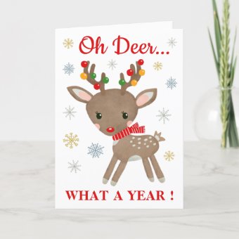 Oh Deer What A Year Reindeer Christmas Holiday Card | Zazzle