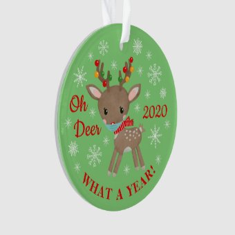 Oh Deer What A Year Reindeer Mask Christmas Green Ornament | Zazzle