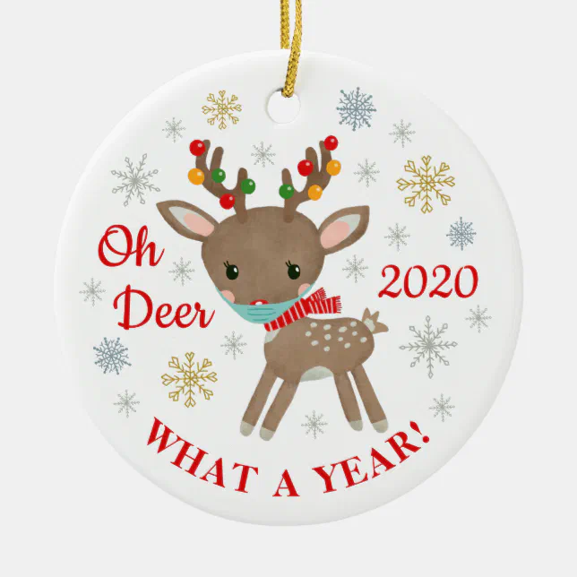 Oh Deer What A Year Reindeer With Mask Christmas Ceramic Ornament | Zazzle