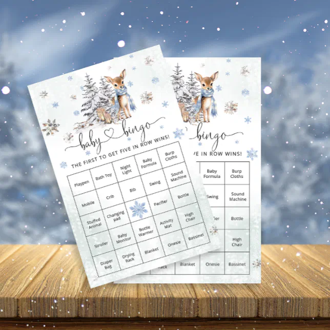 Oh Deer Woodland Winter Baby Shower Bingo Game | Zazzle