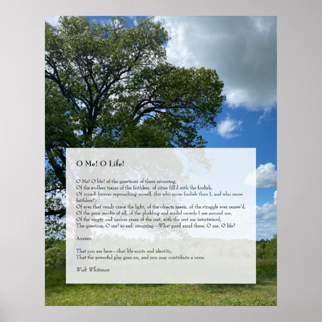 Oh Me! Oh Life! Walt Whitman Poem, Tree & Blue Sky Poster | Zazzle
