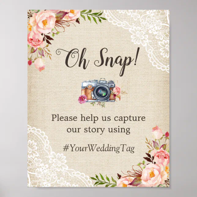 Oh Snap Instagram Hashtag Burlap Lace Flowers Poster | Zazzle