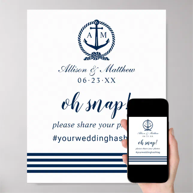 Oh Snap Nautical Navy Blue Wedding Hashtag Sign | Zazzle