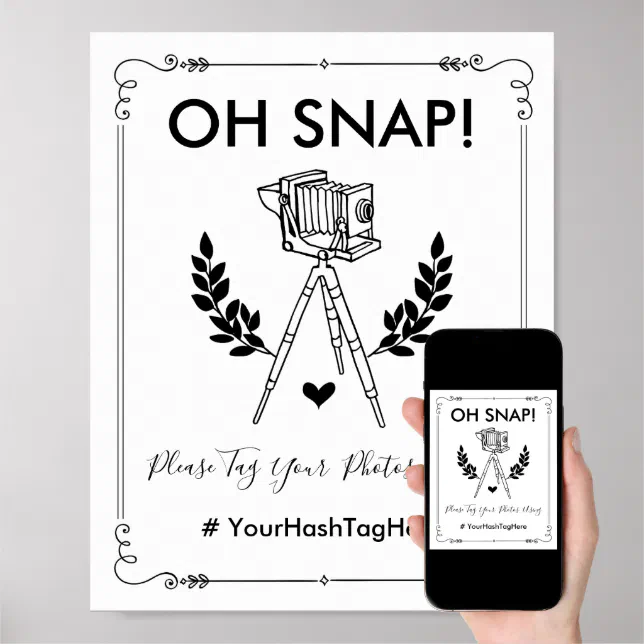 Oh Snap Vintage Botanical Wedding Hashtag Selfie Poster | Zazzle