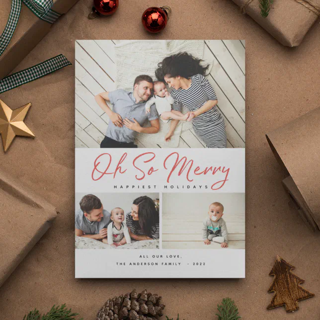 Oh So Merry Red Script Collage 3 Photo Christmas Holiday Card | Zazzle