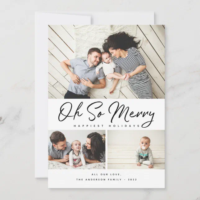 Oh So Merry Script Collage 3 Photo Christmas Holid Holiday Card | Zazzle