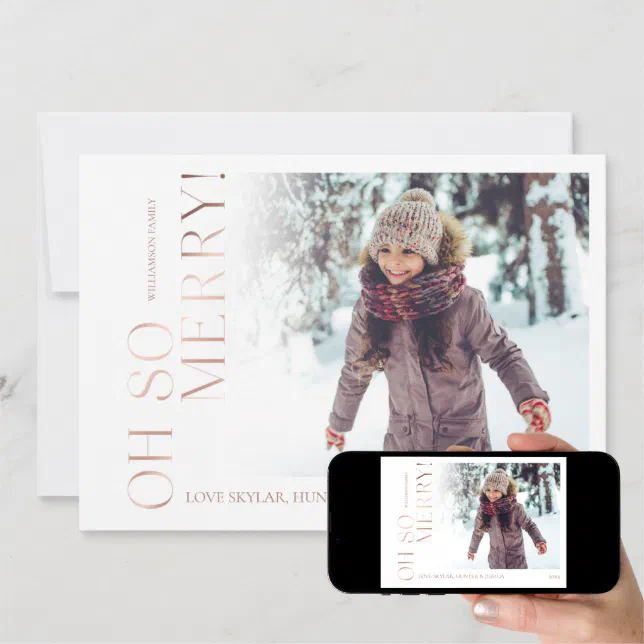 Oh So Merry | White Minimal Rose Gold Family Photo Holiday Card | Zazzle