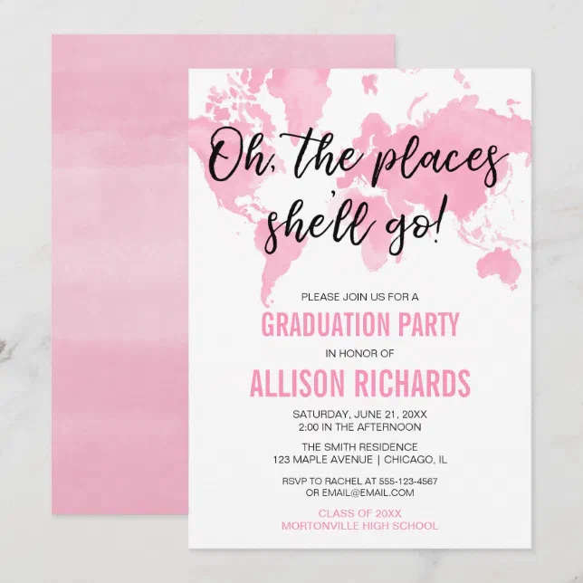 Oh the places she'll go pink girl graduation party invitation | Zazzle