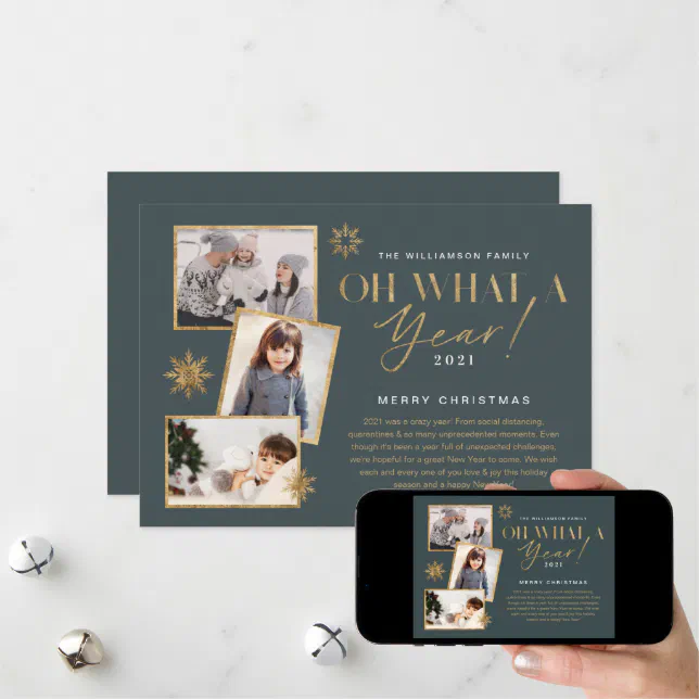 Oh What a Year! Year in Review Gold & Grey 3 Photo Holiday Card | Zazzle