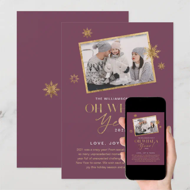 Oh What a Year! Year in Review Gold & Plum 1 Photo Holiday Card | Zazzle
