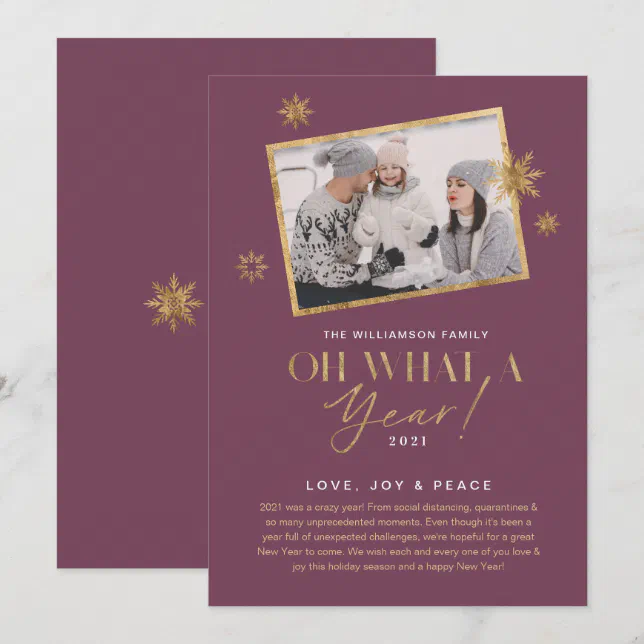 Oh What a Year! Year in Review Gold & Plum 1 Photo Holiday Card | Zazzle