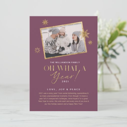 Oh What a Year! Year in Review Gold & Plum 1 Photo Holiday Card | Zazzle