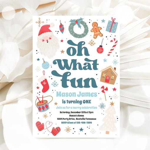 Oh What Fun Blue And Red Christmas Birthday Party Invitation | Zazzle