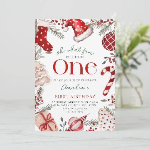 Oh What Fun Christmas First Birthday Invitation | Zazzle