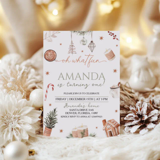 Oh What Fun Christmas First Birthday Invitation | Zazzle