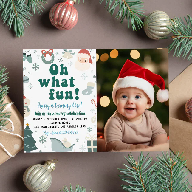 Oh What Fun Christmas Santa First Birthday Invitation | Zazzle