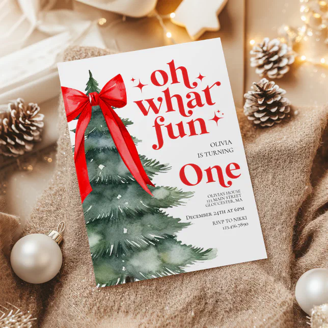 Oh What Fun Christmas Tree 1st Birthday Invitation | Zazzle
