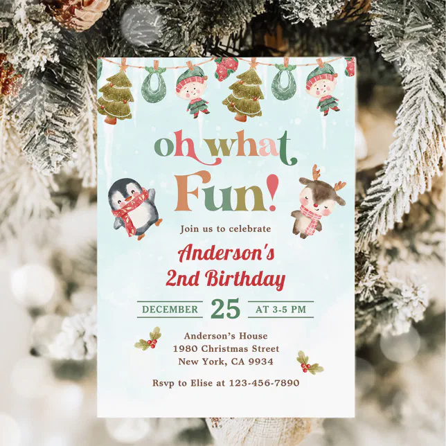 Oh What Fun Christmas Winter 2nd Birthday Party Invitation | Zazzle