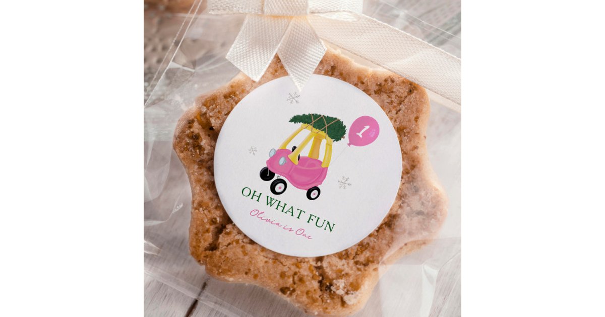 Oh What Fun Pink Christmas Car 1st Birthday Party Classic Round Sticker ...