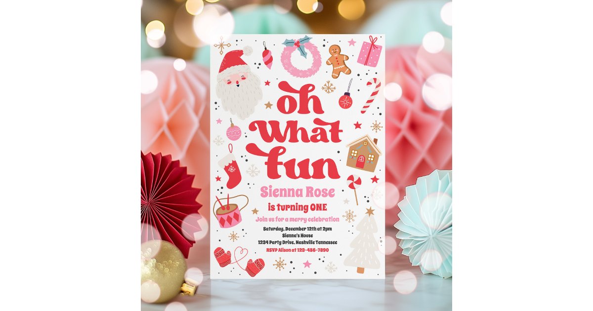 Oh What Fun Red And Pink Christmas Birthday Party Invitation | Zazzle