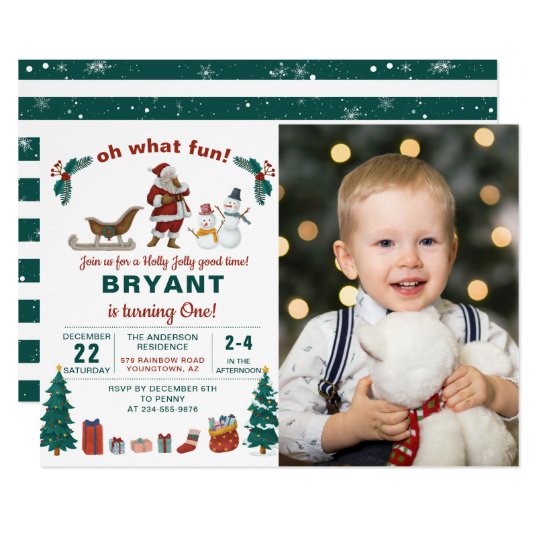 Oh What Fun Santa Claus Christmas Birthday Photo Invitation | Zazzle.com